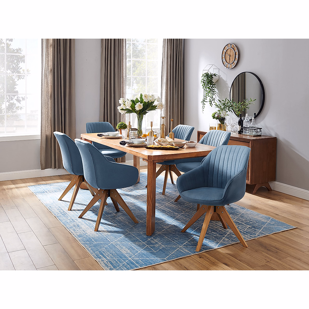 Art Leon Dining Chair, Mid Century Modern Fabric Upholstered Swivel Dining Room Chair with Wood Legs, Leisure Side Chair with Arms for Living Room, Blue