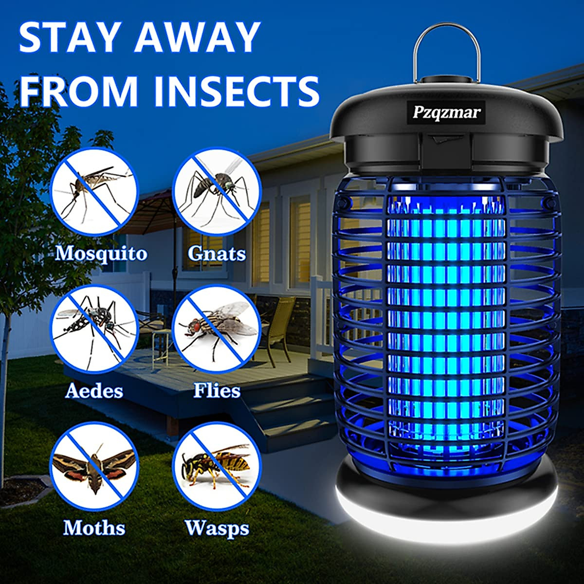 Pzqzmar Bug Zapper Outdoor with LED Light, Waterproof Mosquito Zapper, Electric Fly Zapper, Mosquito Killer & Fly Traps for Outside, Patio, Porch, Backyard, Garden