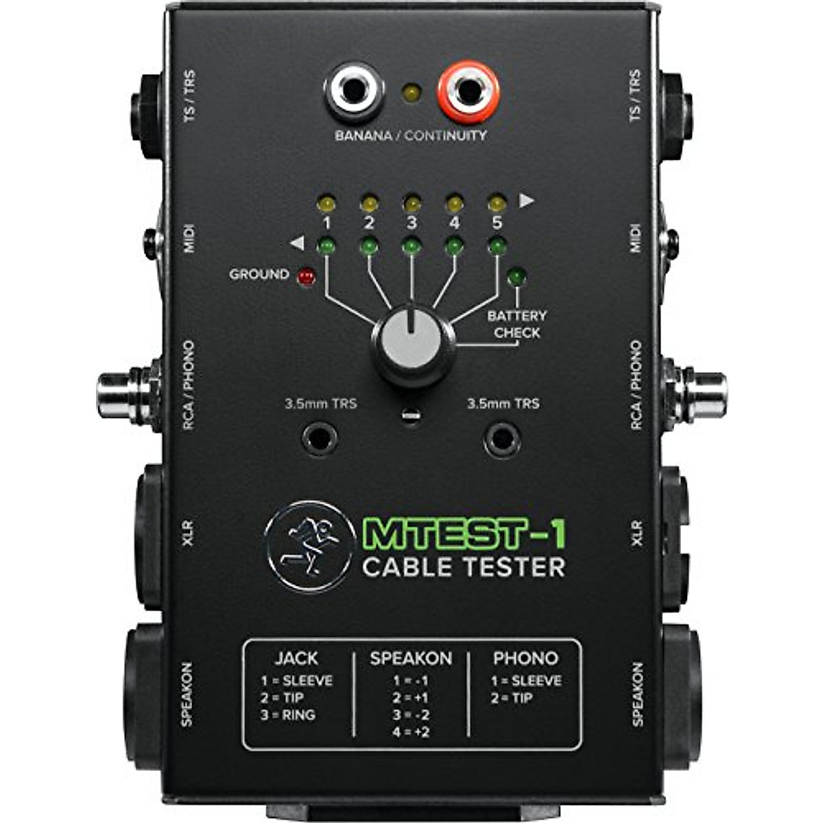 Mackie Cable Tester, 5-way switch Battery-Powered Connector Test, Black, (MTest-1)