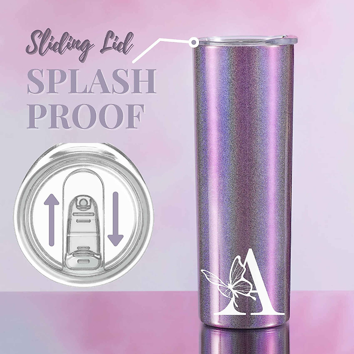 Purple Butterfly Gifts with Initial for Butterfly Lovers, Initial 20oz Stainless Steel Wine Tumbler with Butterfly Alphabet Design, Perfect for Women & Girls, Birthday, Christmas, Mother's Day - S