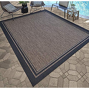 Gertmenian Indoor Outdoor Area Rug, Classic Flatweave, Washable, Stain & UV Resistant Carpet, Deck, Patio, Poolside & Mudroom, 5x7 Ft Standard, Simple Border, Black Nut Brown, 21358