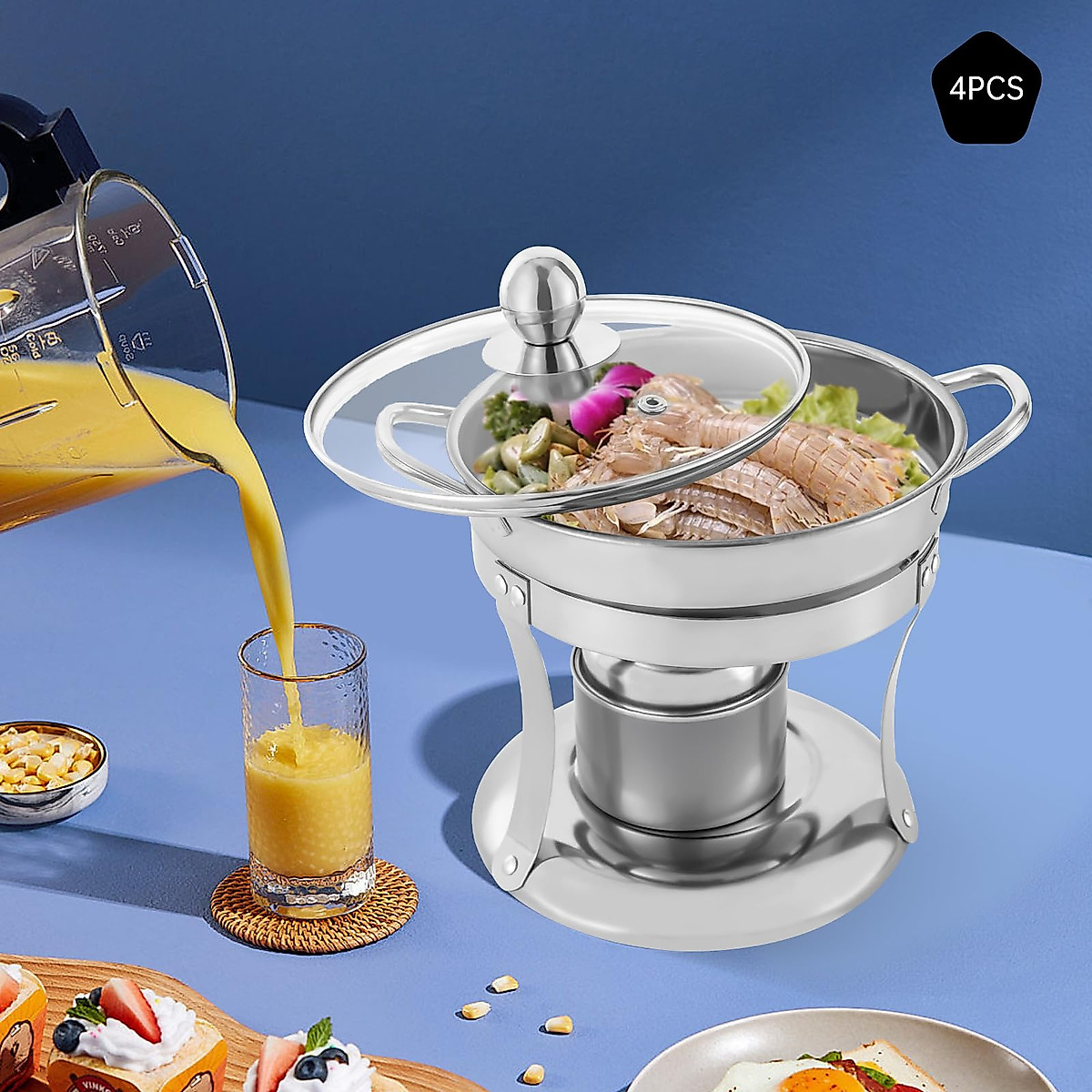 Round Chafing Dish Buffet Set of 4 Stainless Steel Pack Warming Trays Buffet Warmer for Buffets with Lid for Single Hot Pot Catering Event Parties