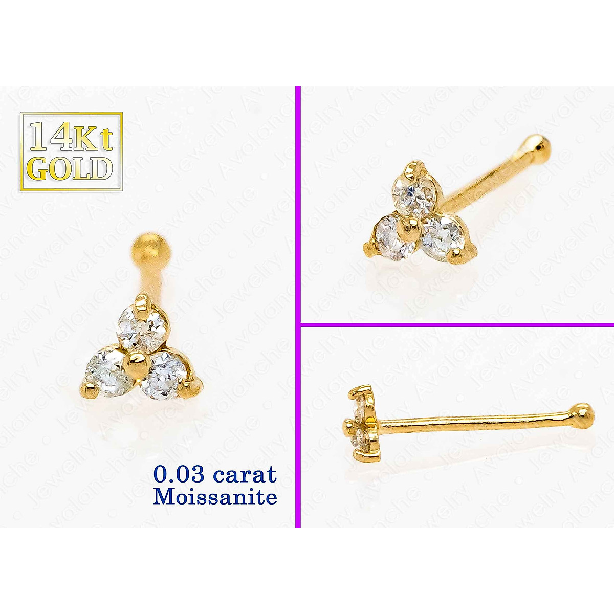 Jewelry Avalanche 3-Stone 0.030ctw Moissanite Nose Stud - 22G Solid 14Kt Yellow Gold Nose Bone Stud Nose Ring - April Birthstone Nose Stud NBYG313-MNT