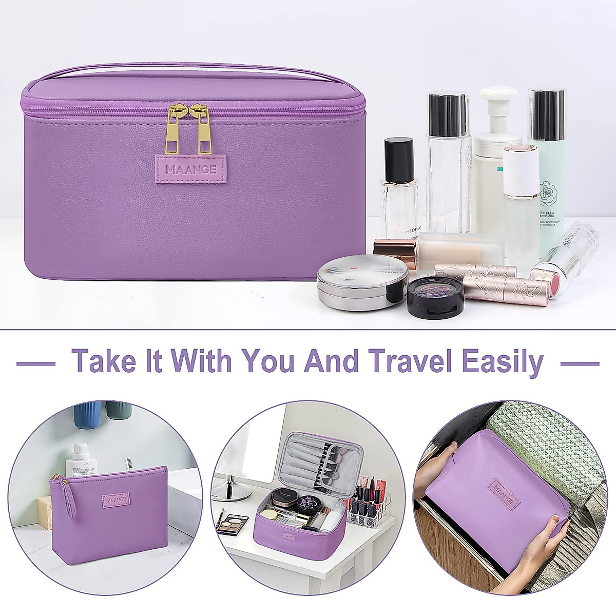 MAANGE Travel Makeup Bag - Large Makeup Bag with 2pcs Small Makeup Bag Portable Leather Cosmetic Bag Toiletry Bag Make Up Bags for Women and Girls (Purple)