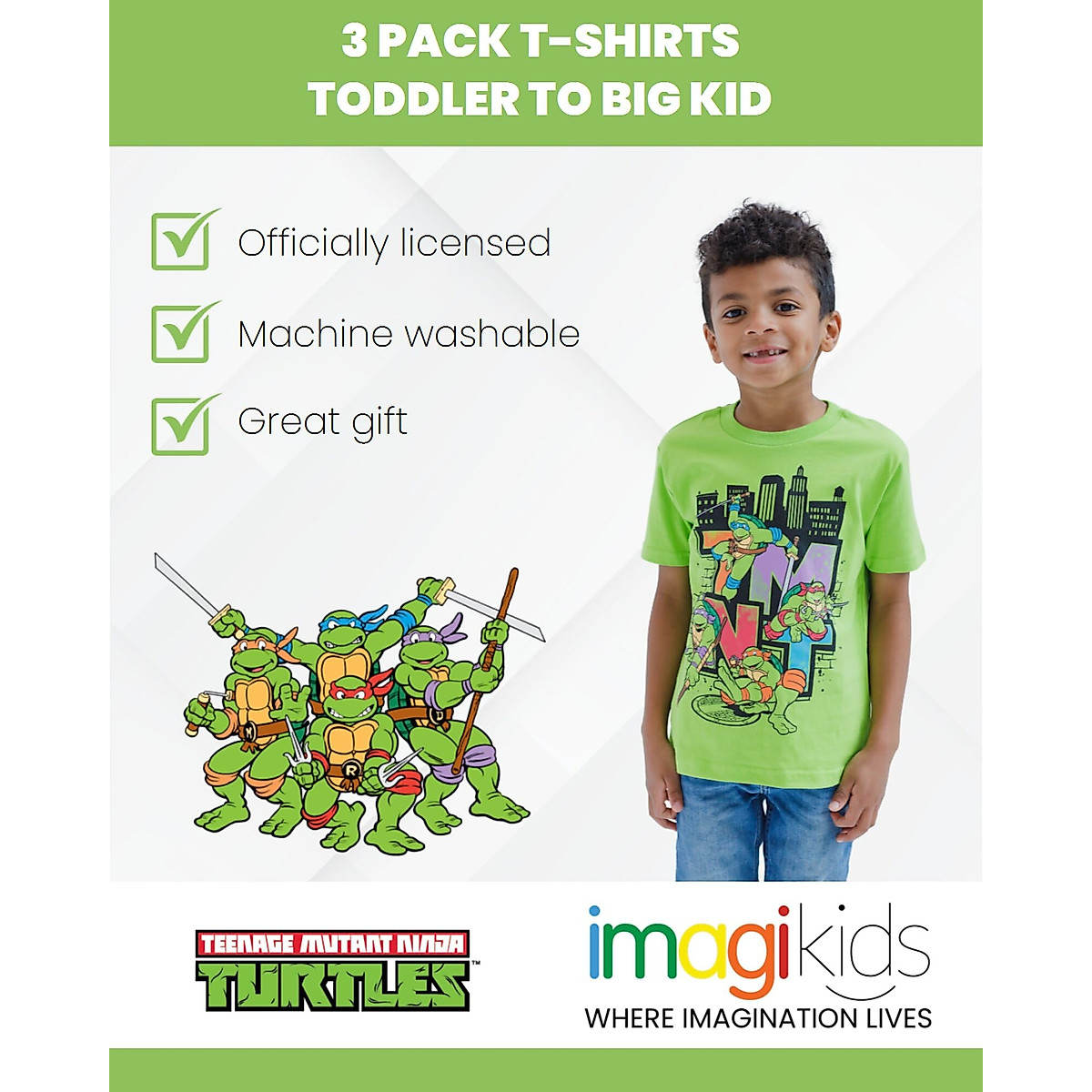 Teenage Mutant Ninja Turtles Leonardo Michelangelo Raphael Little Boys 3 Pack T-Shirts White/Gray/Green 7-8