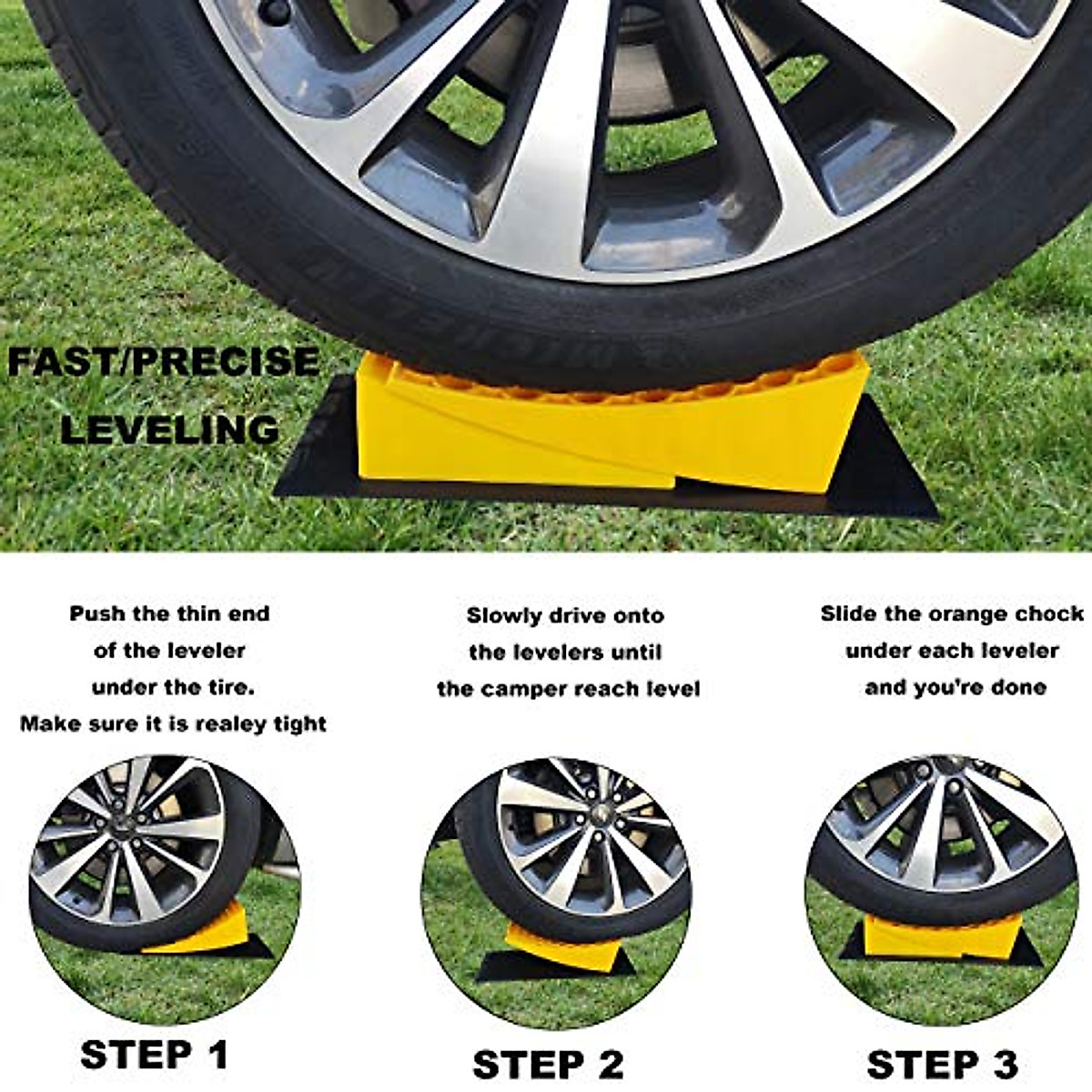 HOXWELL Heavy Duty RV Leveling Blocks Wheel Chocks Leveler, Rubber Non Slip Base Without Rope for Travel Trailers, Car, Camper, Truck 2 Pack Yellow