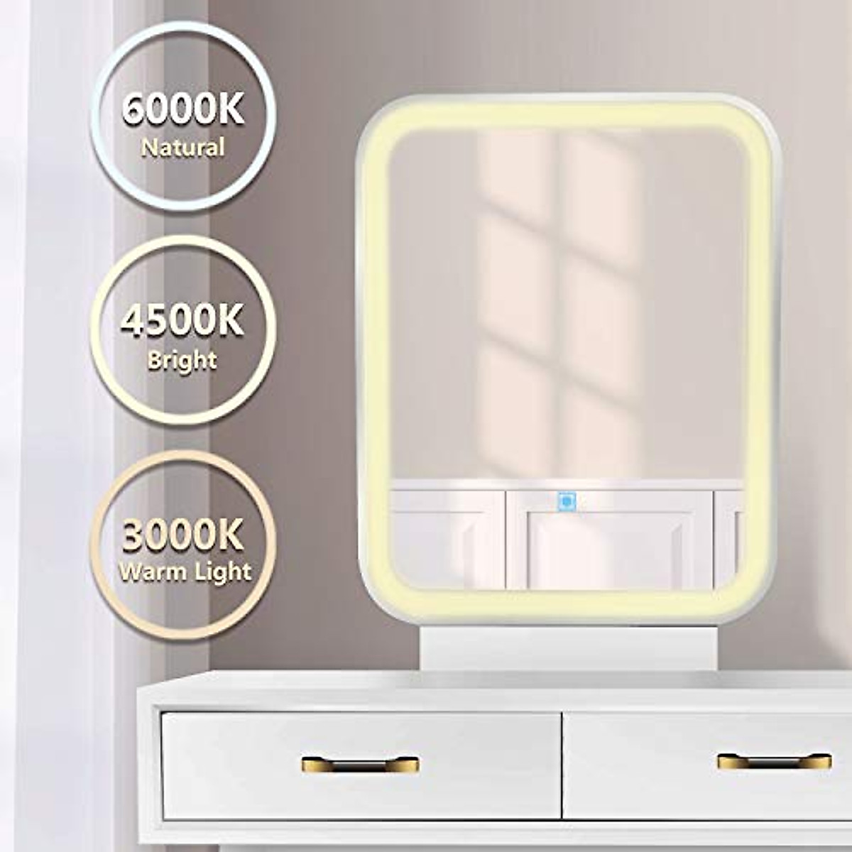 FUNKOCO Vanity Table Set with Lighted LED Touch Screen Dimming Mirror,Makeup Dressing Table with 2 Sliding Drawers, 1 Cushioned Stool for Bedroom, Bathroom (White)