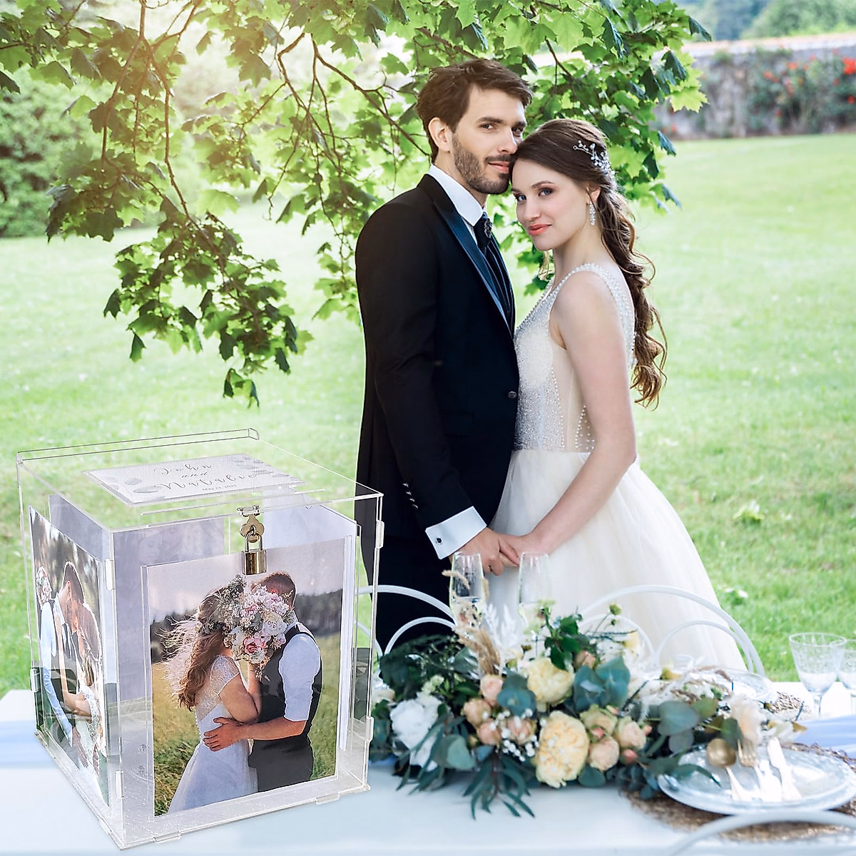 OurWarm Acrylic Wedding Card Box with Picture Frame for 8x10 Photos, Large Rotatable Envelope Post Money Gift Box Holder with Lock Slot for Reception Anniversary Graduation Birthday Party Baby Shower