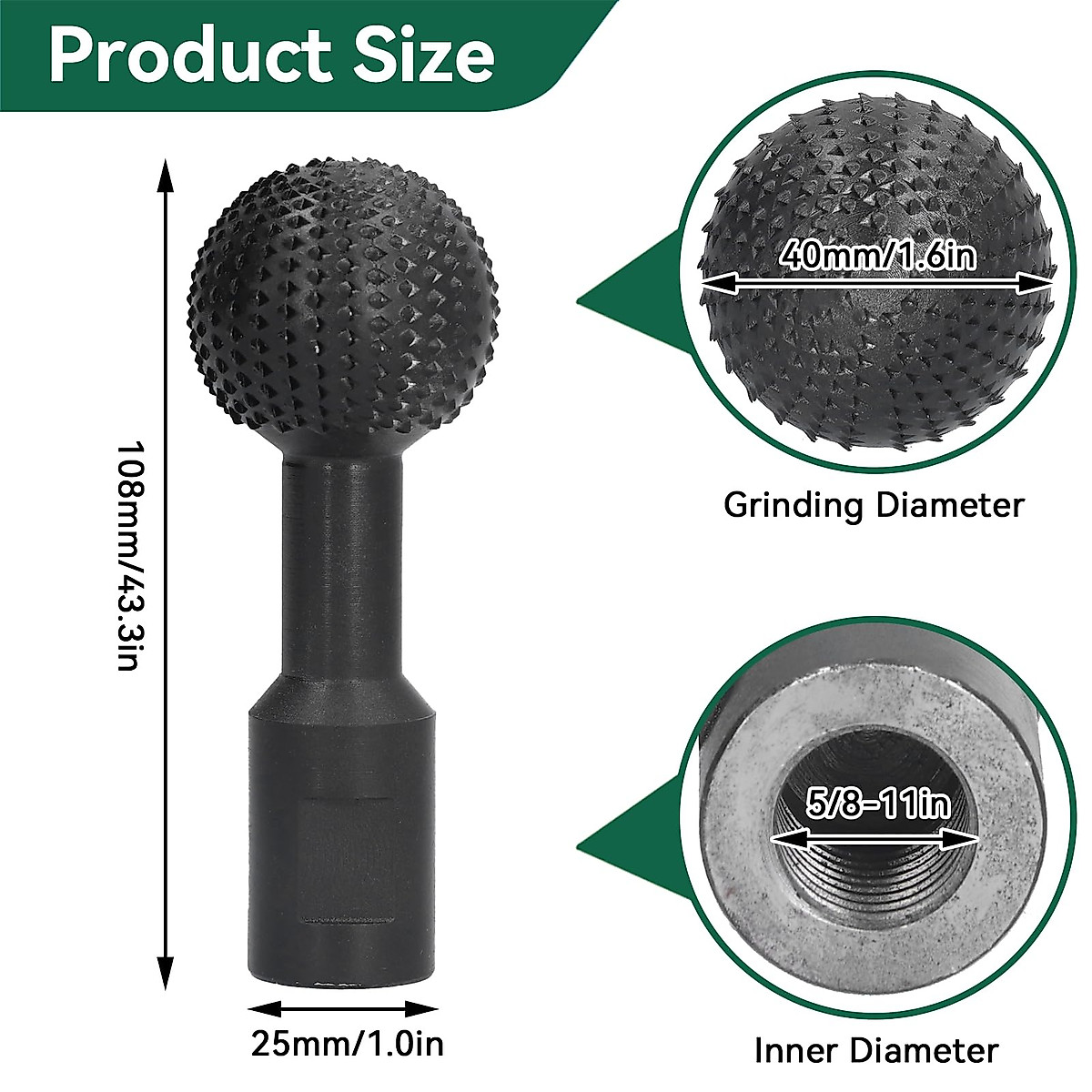 Agatige Ball Grinding Head, 5/8‑11in Wood Carving Burrs Carbon Steel Sphere Rotary Burr Ball Gouge Grinding Head Woodworking Attachment Tool for Wood Carving Grinding Polishing Engraving