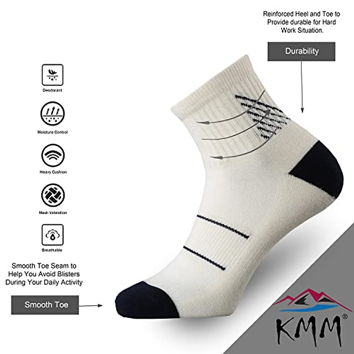 KMM Men's Merino Wool Cushion Low Cut Quarter Socks with Light Cozy Performance for Outdoor Hiking Hike Casual Trail Running(White L)