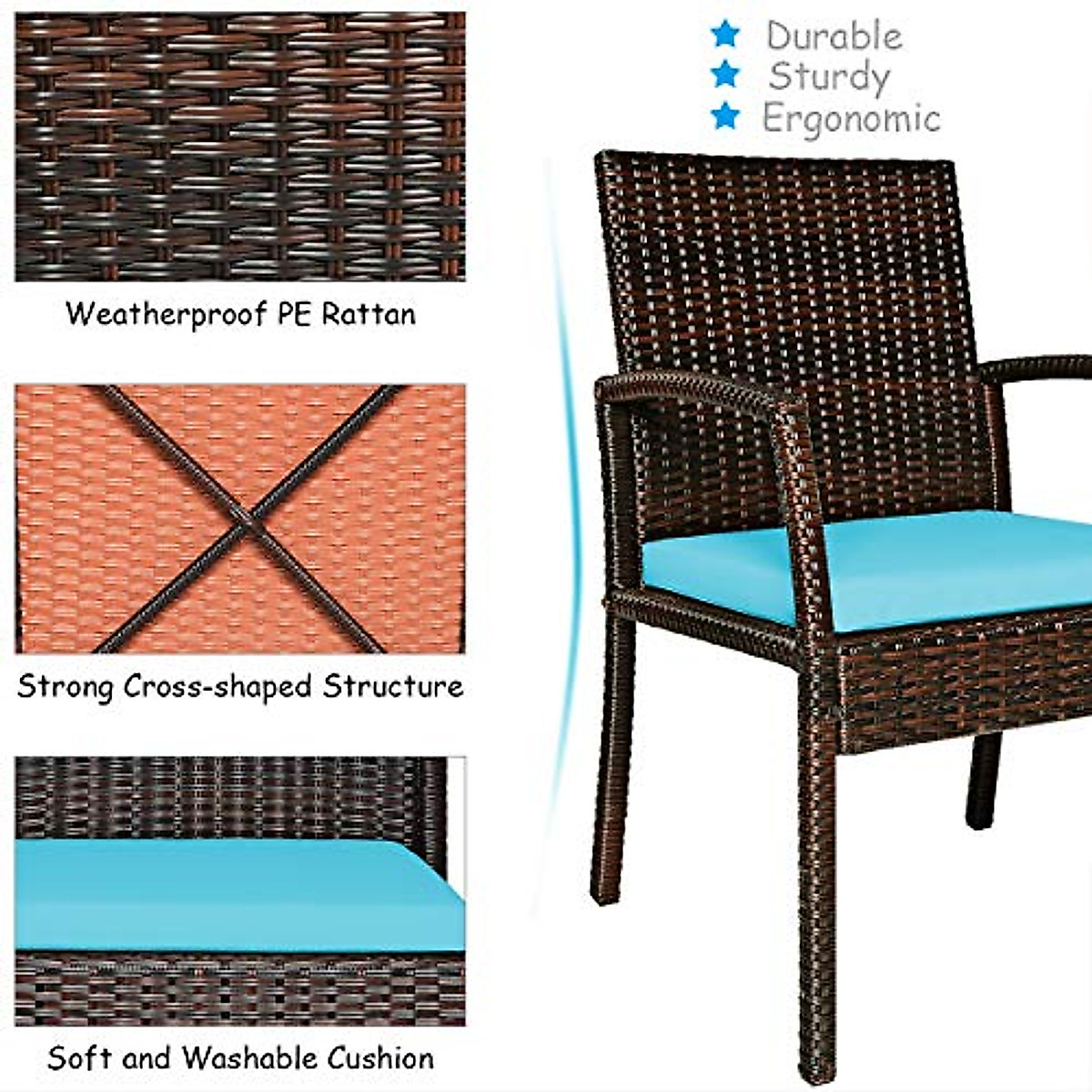 Tangkula 7 Pieces Patio Dining Set, Acacia Wood Wicker Dining Furniture Set with Steel Frame & Umbrella Hole, Outdoor Dining Table Chair Set with Removable Cushions for Backyard, Garden (Turquoise)