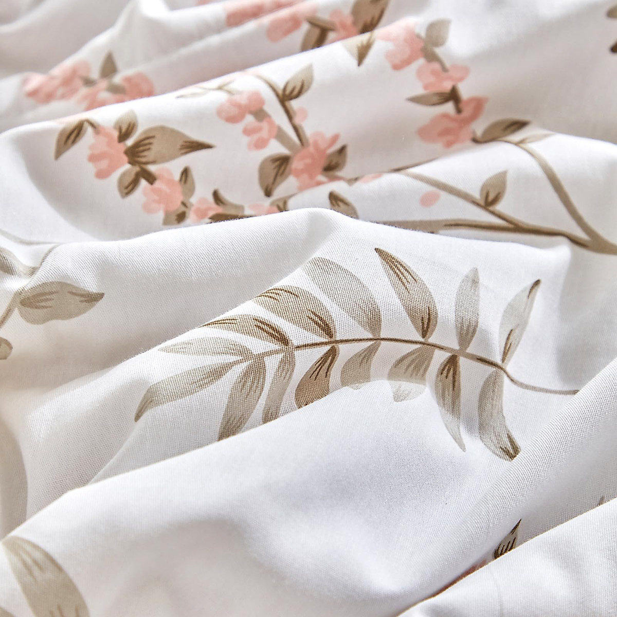 Joyreap 3pcs Floral Cotton Comforter Set for Girls, Pink Flowers n Leaves Botanical Design, Twin Size Soft n Cozy Bedding Comforter Set for All Season- 68x88 inches