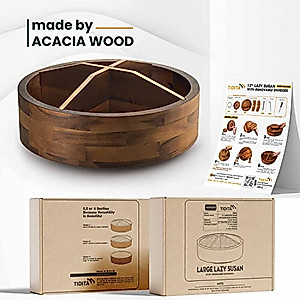 TIDITA 12" Acacia Lazy Susan Organizer with 4 Dividers - Wooden Lazy Susan Turntable for Table, Countertop - Kitchen Storage Food Bin Container for Spices, Cabinet, Fridge, Pantry (Acacia Wood)