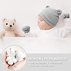 URATOT 6 Sets Newborn Baby Hats Mittens Sets Unisex Cotton Bear Ears Infant Caps Beanie Hat No Scratch Mittens for 0-3 Months