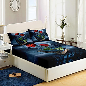 AILONEN Rose Fitted Sheet Full Size,Red 3D Romantic Rose Bedsheets Set for Girls,Romantic Flower Bedding Set,Magic Book Bed Sheet Set,1 Fitted Sheet 2 Pillowcases,3 Pcs,Soft Microfibre