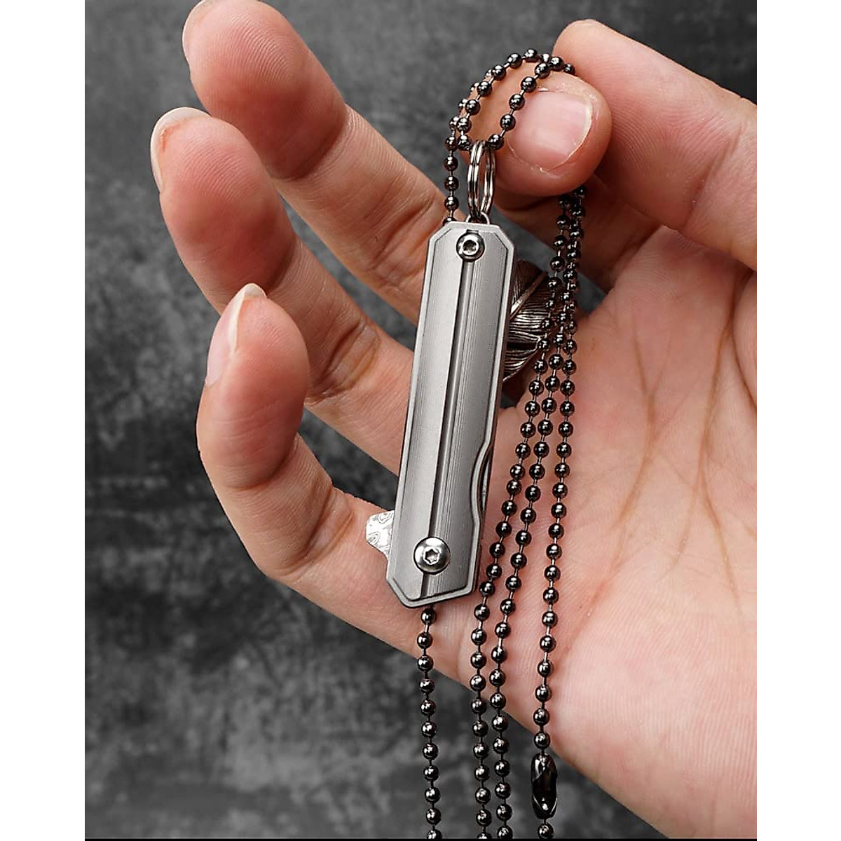 Samior HY004 Mini Titanium Handle Pocket Knife, 1.4 inches Damascus Blade, Keychain Utility Neck EDC Knives for Box Opening (Tanto Point)