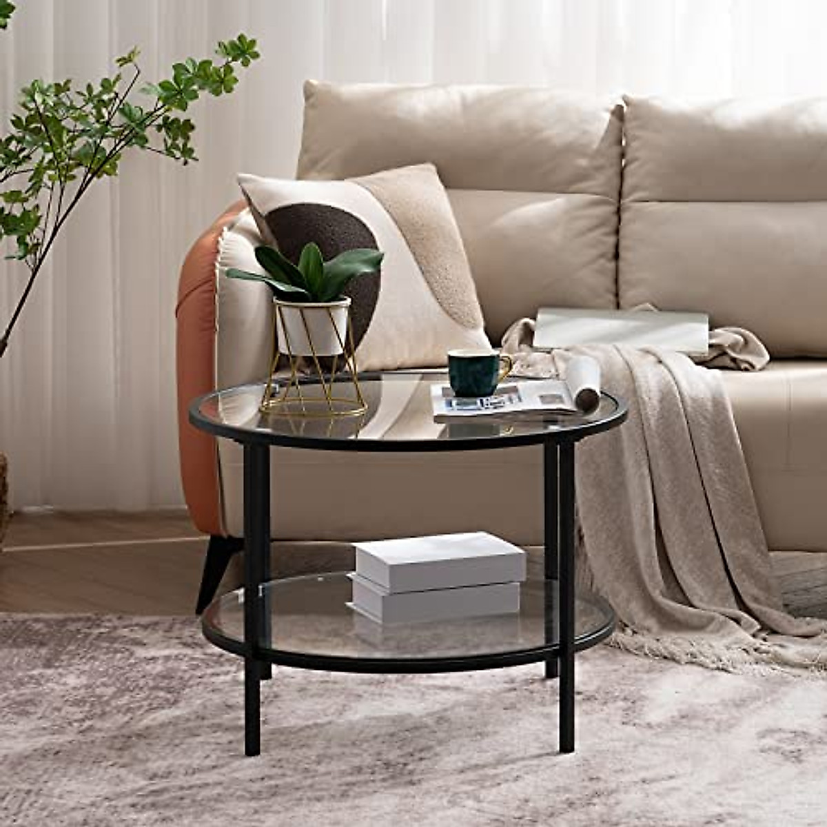VINGLI Glass Coffee Table, 25.6" Round Coffee Table Black Coffee Tables for Living Room, 2-Tier Glass Top Coffee Table with Storage Clear Coffee Table, Simple & Modern Center Table for Small Space