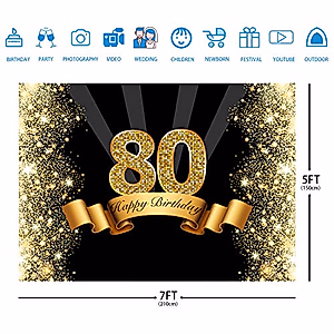 Happy 80th Birthday Backdrop Gold 80 Birthday Background 7x5ft Glitter 80th Birthday Backdrops for Party Photography 80 Years Old Decor Eighty Birthday Party Banner 80 Photo Booth Props