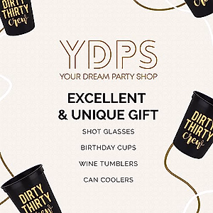 Dirty Thirty Crew 30th Birthday Party Cups and 1"Talk Thirty to Me" Button, Set of 12, 16oz Black and Gold 30th Birthday Stadium Cups, Perfect for Birthday Parties,Birthday Decorations (Regular)