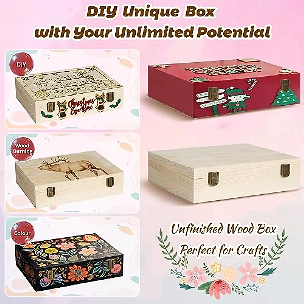 ZKHOB 2 Pack Unfinished Wooden Box with Lid Small Wood Boxes(12 x 9x 3.1 inch) Natural Pine Wooden Box for Crafts,Wooden Gift Boxes,Memory keepsake Box Jewelry Box Decor Storage