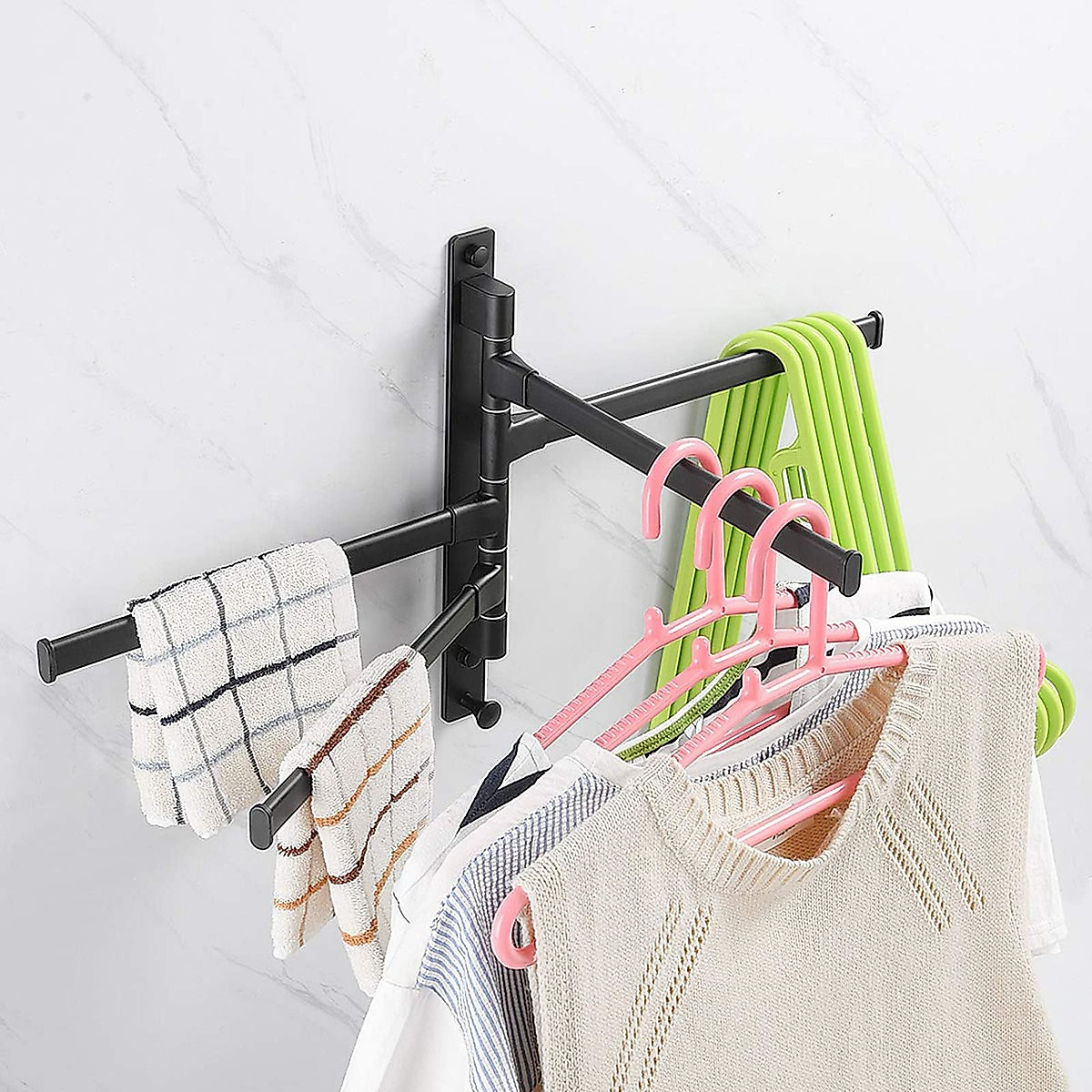 DULRLLY Swivel Towel Bar with Hook Wall Mounted Towel Rack Space Saving Bathroom Towel Rack Black Rotating Bath Towel Bars Swing Out Towel Hanger for Bathroom Kitchen Home Hotel(3 Arms)