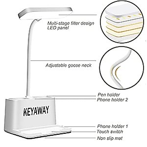 LED Desk Lamp with Pen & Phone holder, USB Rechargeable Book Reading Light,Eye-Caring Study Lamp for Kids, Touch Table Lamp with Flexible Gooseneck for Home,Office,3 Color Modes & Stepless Dimming