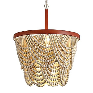 Q&S Boho Wood Beaded Chandelier,Large 5-Lights Farmhouse Coastal Bohemia Chandeliers for Dining Room Living Room Foyer Kitchen Island Restaurant UL Listed Assembly Complete W20