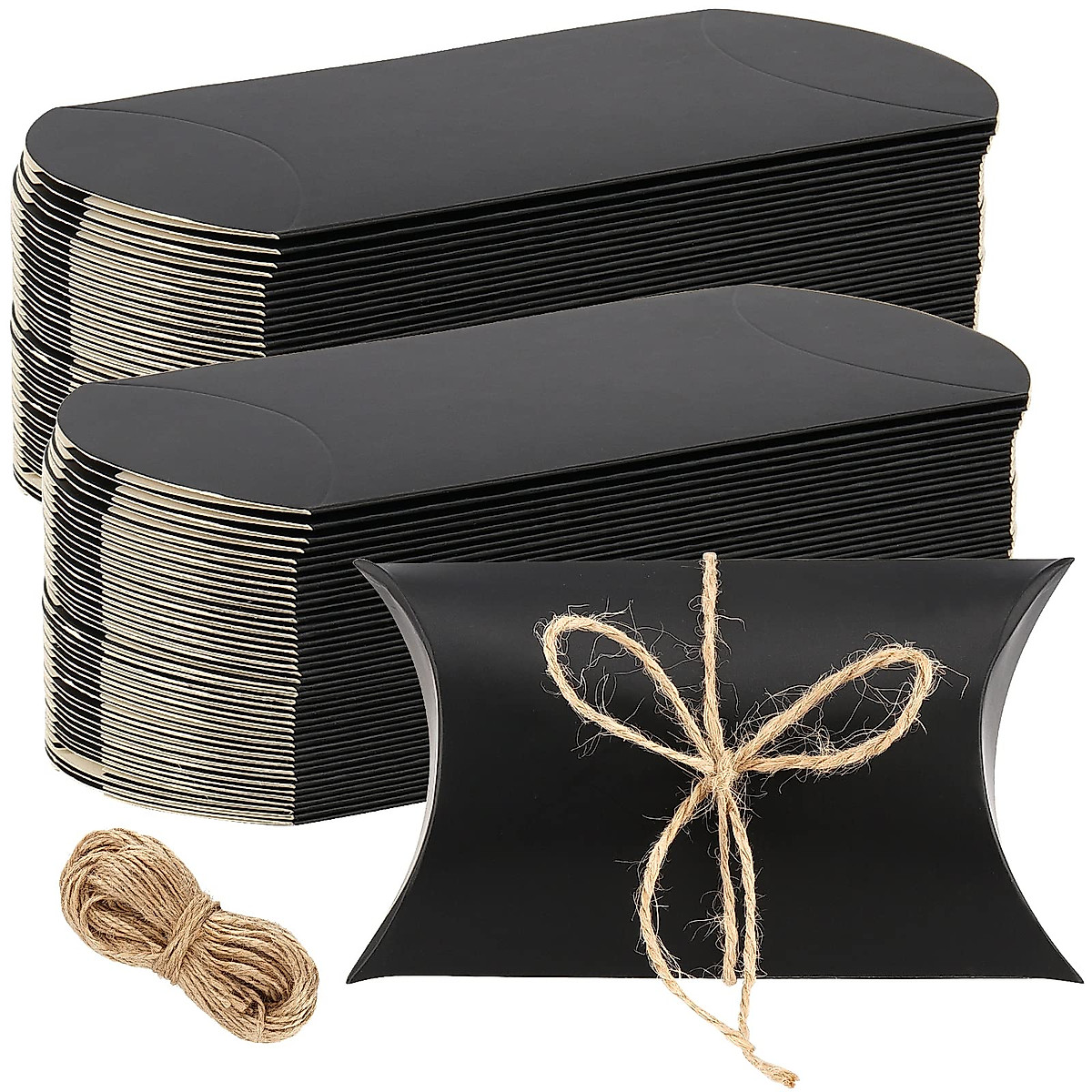 SEUNMUK 150 Pack 5 x 3.5 Inches Large Pillow Boxes, Kraft Pillow Box with Jute Twines, Black Pillow Candy Box Pillow Box Party Wedding Favor for Anniversary, Birthday, Halloween