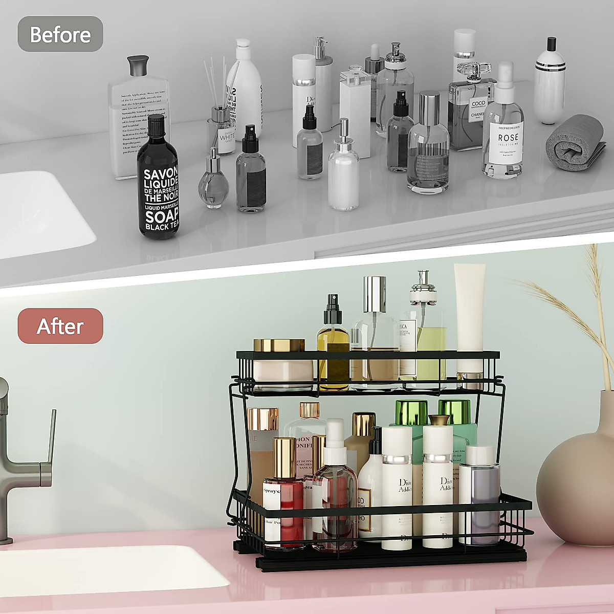 REALINN Under Sink Organizers and Storage, Silent Glide Pull Out Cabinet Organizer, 2 Tier Sliding Organizer for Kitchen Bathroom Laundry