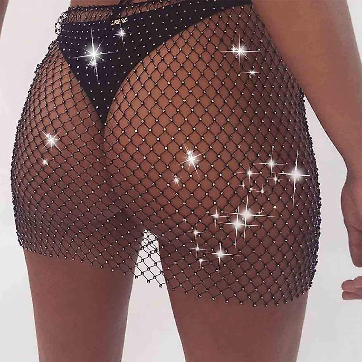 EVILD Women Mesh Rhinestone Body Chain Glitter Elastic Belly Skirt Sparkly Party Waist Chain Statement Belly Chain