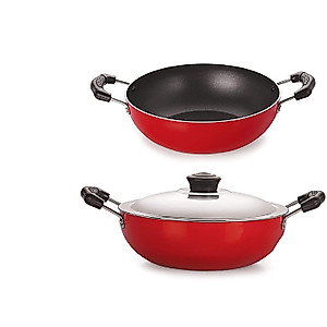 SRIYUG Aluminium Non Stick Coating Kadai Round Bottom Deep Fry Pan with Stainless Steel Lid Deep Fry Kadhai Non Stick Karhai Free Scrubber And Wooden Spatula. (2 Ltr)