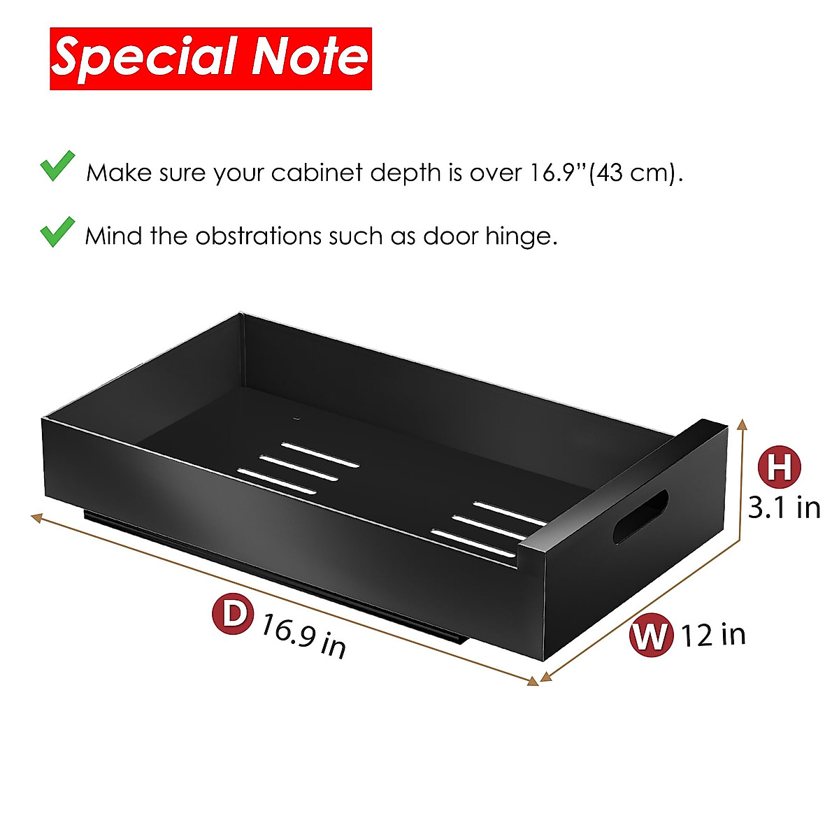 HBL' 1 Pack | 16.9" Deep Pull Out Cabinet Organizer Adhesive, 12-Inch Wide Sturdy Carbon Steel Roll-Out Drawers for Face Frame or Frameless Cabinets, Slide-Out Shelves for Pantry.