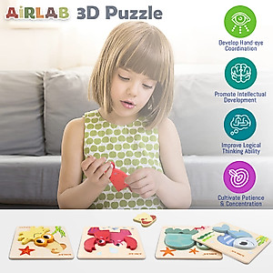 Wooden Puzzles for Toddlers Ocean Animals Montessori Toys Year Old Baby Girl Boy Gifts Educational Learning Bright Color Chunky Shape Puzzle Pack of 4