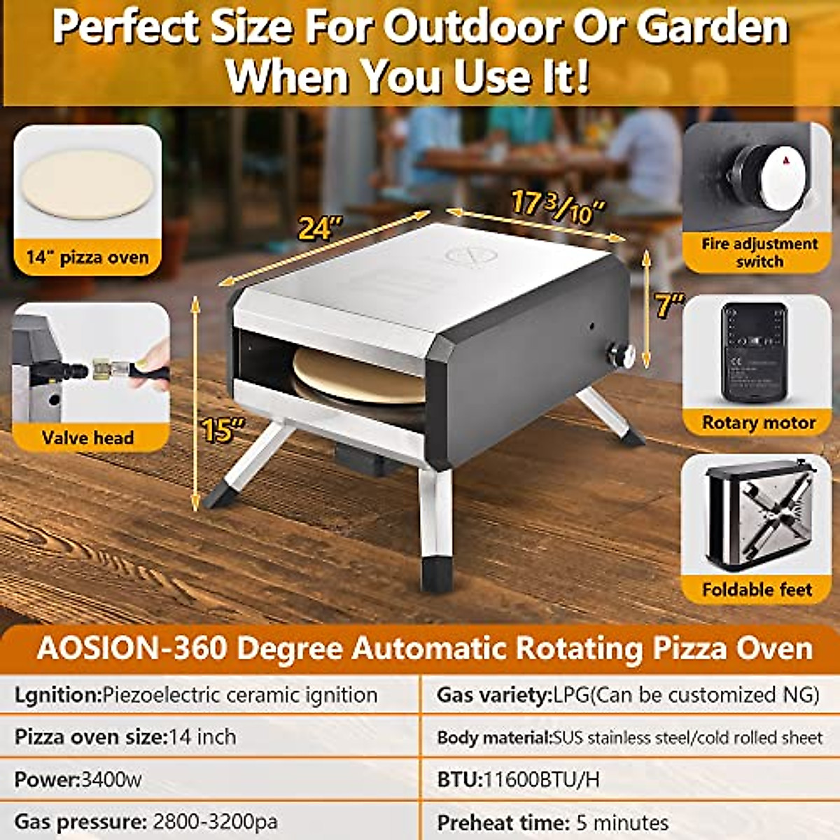 AOSION-Outdoor Gas Pizza Oven, Rotating Propane Pizza Grill Oven for Exterior Backyard Pizza Maker with 14" Pizza stone, Portable Pizza Ovens for Outside with Pizza Peel,Pia,Cutter,Gloves and thermometer.