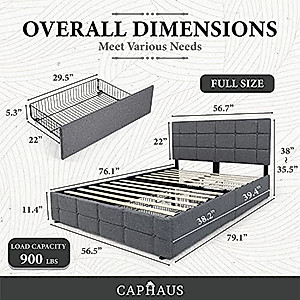 CAPHAUS Upholstered Storage Bed Frame with 4 Drawers and Adjustable Headboard, Square Stitched Button Tufted, Platform Beds Frame with Wood Slat Support, No Box Spring Needed, Full Size, Light Grey