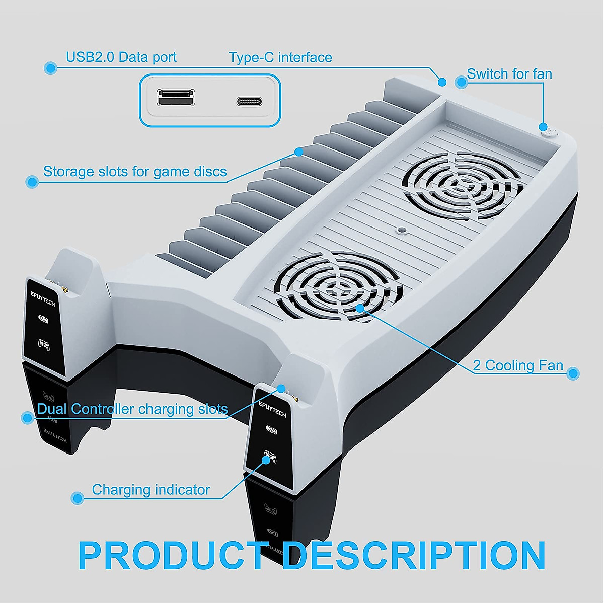 PS5 Vertical Stand Cooling Fan for PS5 Console and Playstation 5 Digital Edition, PS5 Accessories Stand with Dual Controller Charging Station, 2-in-1 Cable and 15 Game Storager