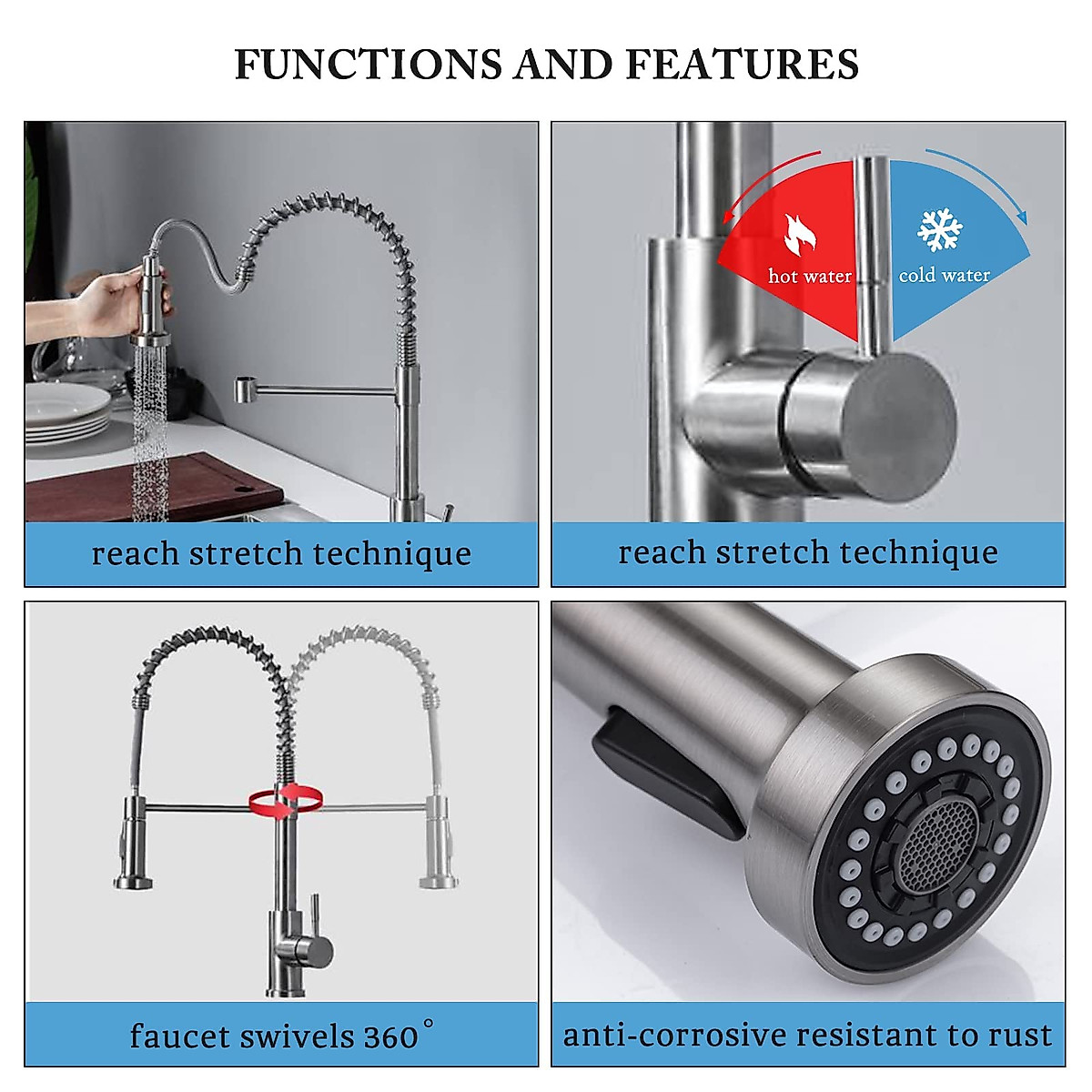 Kitchen Faucet with Pull Down Sprayer, Spring Single Handle Kitchen Sink Faucets Modern Brushed Nickel Pull-Out Spring Kitchen Stainless Steel Kitchen Faucets for Camper Farmhouse RV Bar Kitchen Sinks