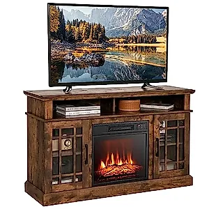 COSTWAY Electric Fireplace TV Stand for TVs Up to 55 Inches, 18-Inch Fireplace Insert with Remote, Overheat Protection, 48-Inch Wooden Media Entertainment Center with Adjustable Shelves, Brown