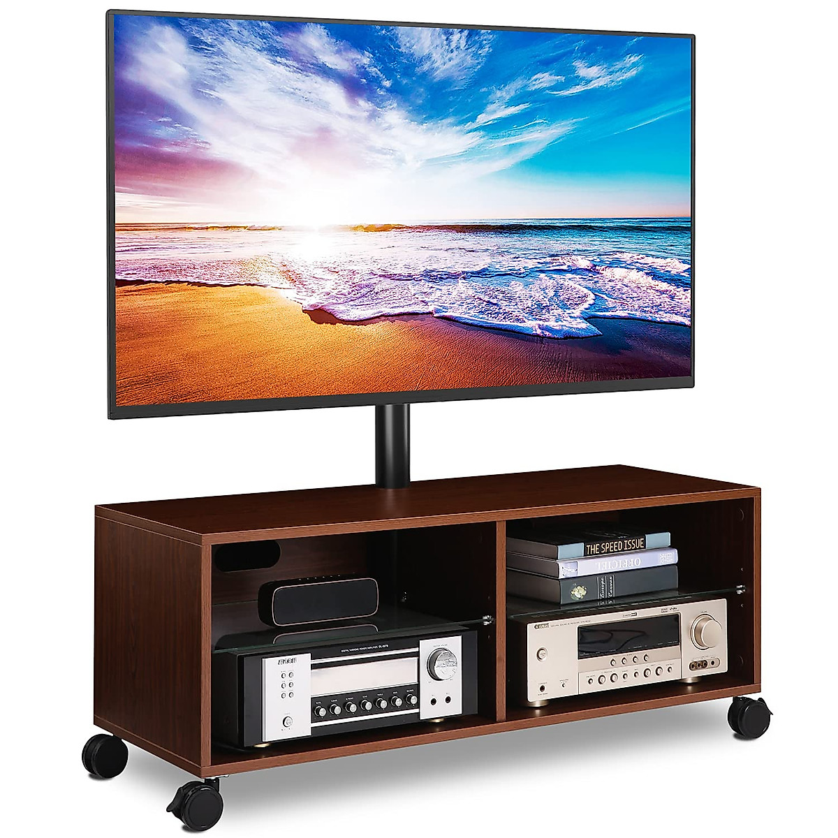 Rfiver Swivel Wood TV Stand on Wheels with Mount for 32-70 Inch Flat Screen TVs, Rolling Entertainment Center with 4-Shelf Storage for Media Console, Universal Floor TV Stand Cabinet for Home, Walnut