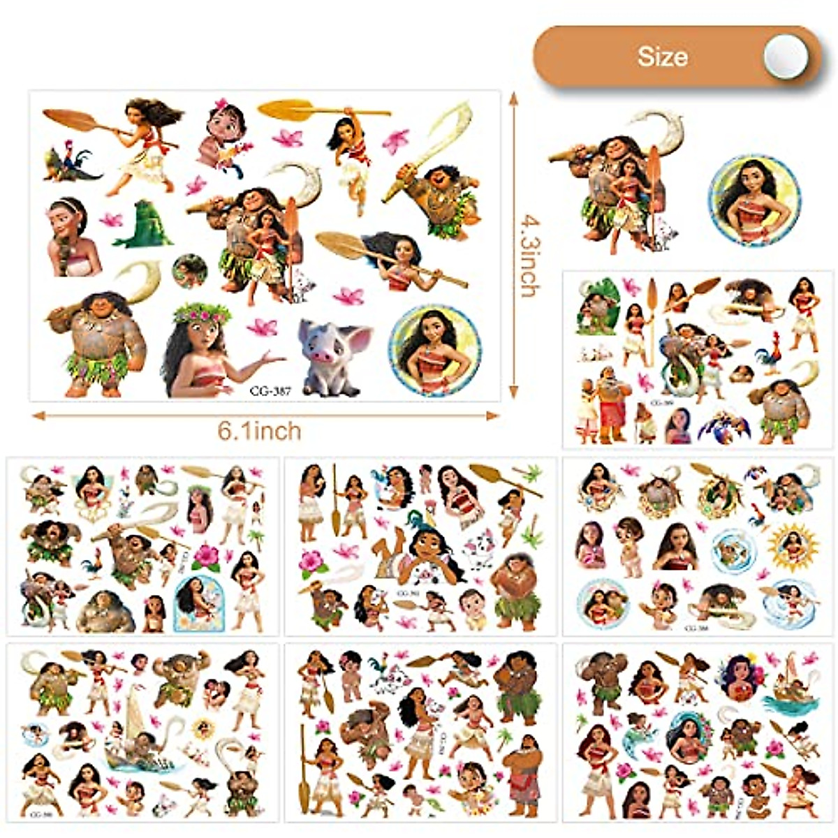 8 Sheets Temporary Tattoos Stickers For Moana, Moana Birthday Party Supplies Decorations Party Favors, Gifts for Boys Girls School Classroom Rewards