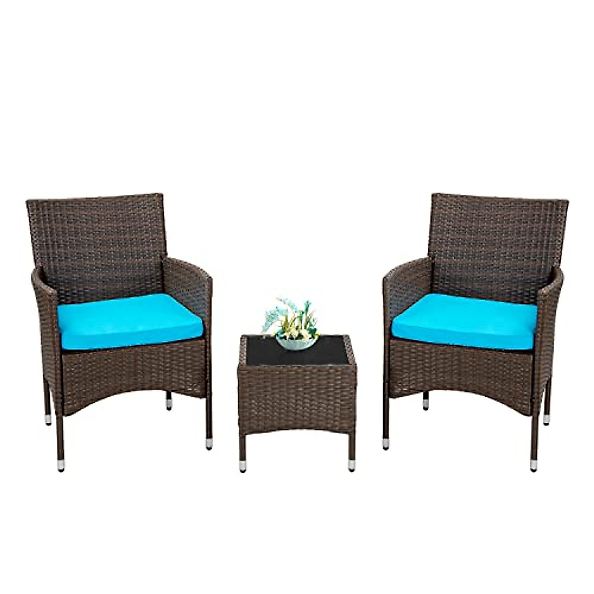 FDW Outdoor Patio Furniture Set，3 Pieces Wicker Bistro Set Outdoor Patio Set Rattan Chair Conversation Sets Patio Sofa Wicker Table Set for Yard Backyard Lawn Porch Poolside Balcony,Blue Cushion