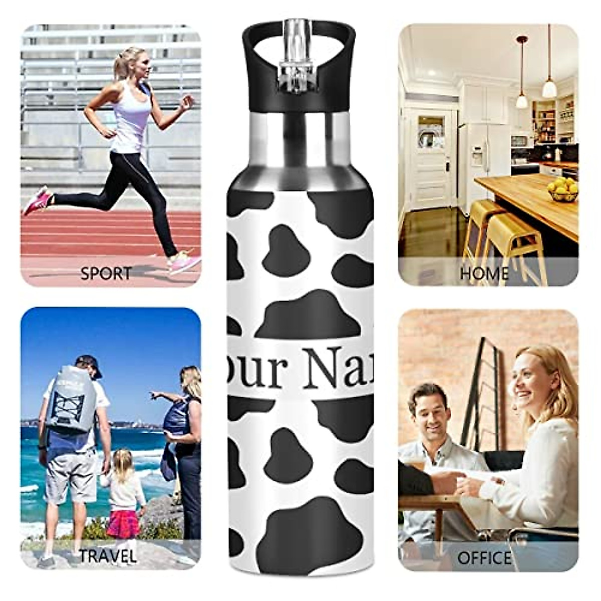 Custom Water Bottle Black and White Cow Print Stainless Steel Vacuum with Name Personalized Name Insulated Sport Bottle with Wide Handle