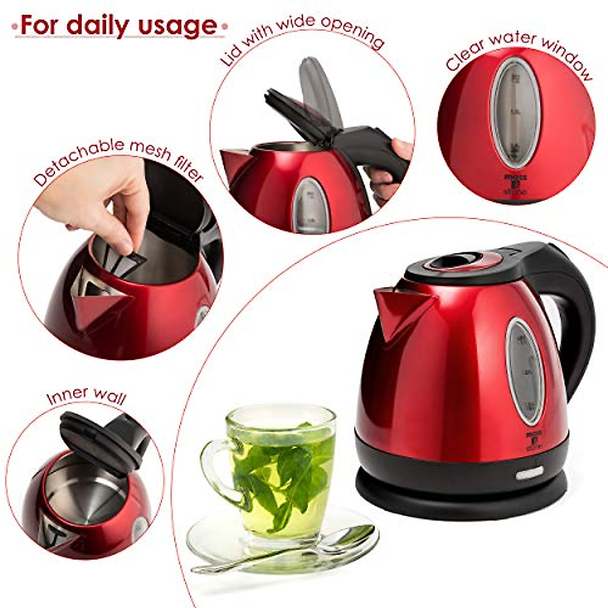 Moss & Stone Stainless Steel Electric Kettle, Cordless Pot 1.2L Portable Electric Hot Water Kettle, 1500W Strong Fast Boiling Pot, Water Boiler, Electric Tea Kettle With Boil Dry Protection