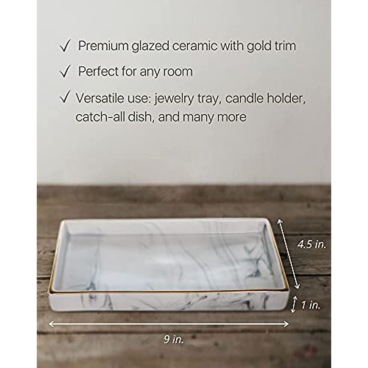 Ceramic Vanity Tray, Candle Tray with White Marble Finish | Jewelry Tray, Jewelry Dish | Marble Tray Decor, Perfume Tray for Dresser | Decorative Tray, Bathroom Tray, 9x4.5x1 inches