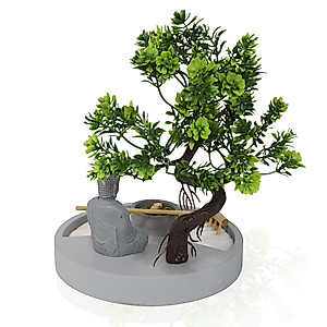 Round Shape, Zen Garden Tealight Candle Holder with a Mini Buddha Statue and a Bonsai Tree - A Perfect Japanese Art for Relaxation and Meditation - Free Your Mind with Our Mini Zen Garden Decor, Gray