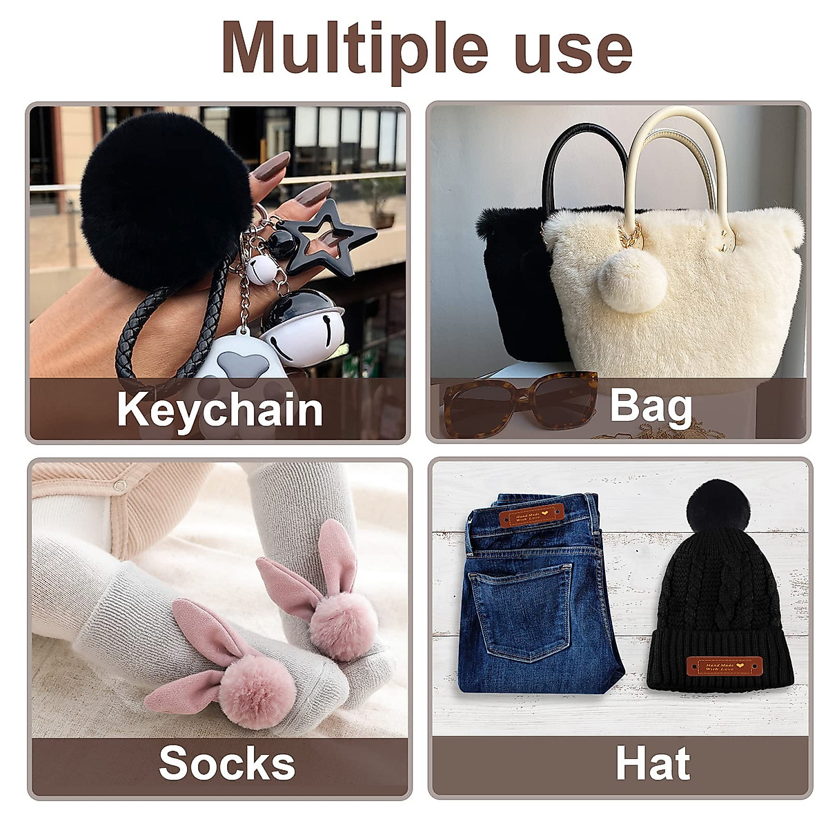 Faux Fur Pom Poms for Hats, 6Pcs Pom Pom Balls with Handmade Love PU Leather Tags DIY Fluffy Pompoms for Crafts Elastic Loop Sewing Thread 3 Colors for Keychains Scarves Gloves Knitting Supplies