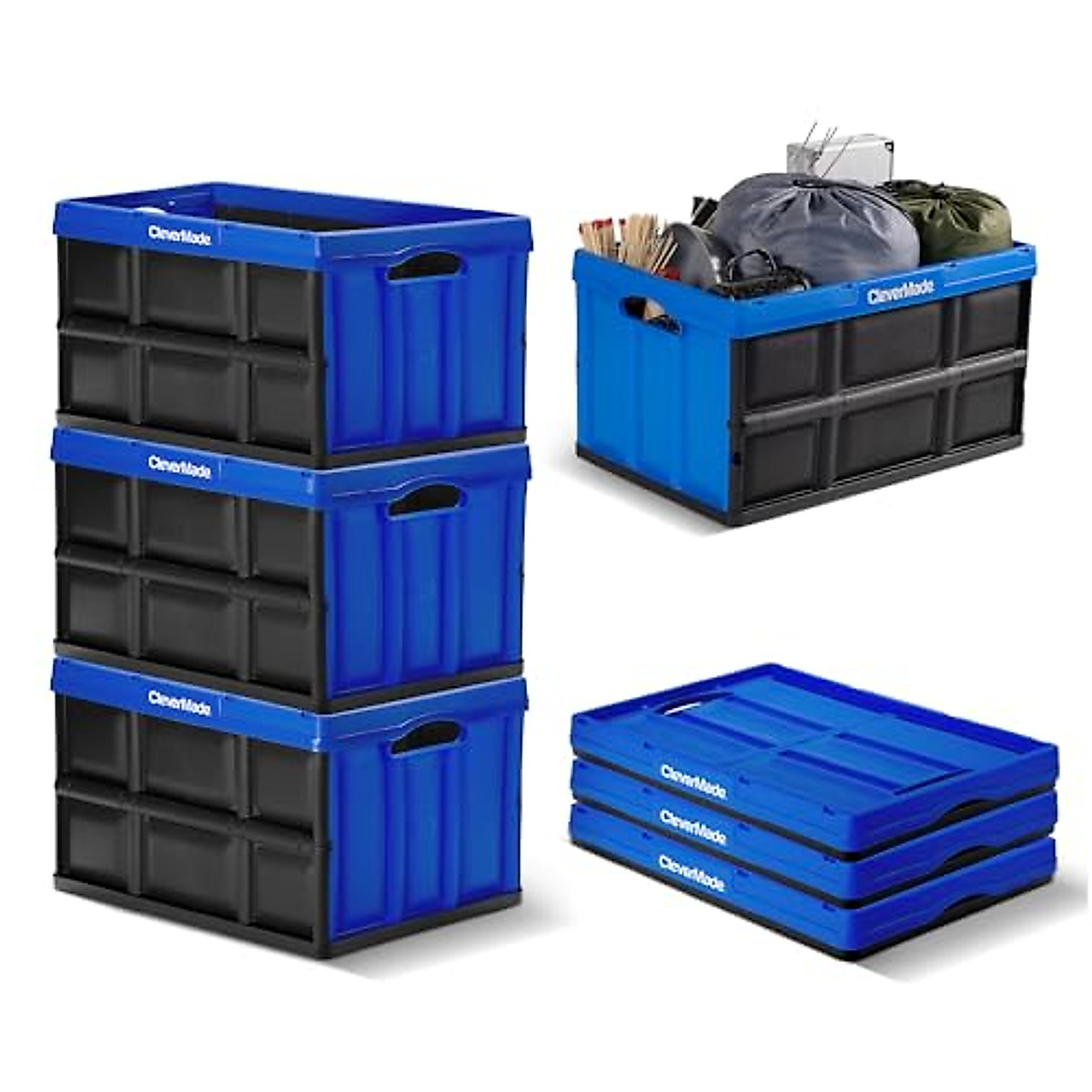 CleverMade Collapsible Storage Bin, Royal Blue, 3PK - 62L (16 Gal) Stackable Storage Containers, Holds 100lbs Per Bin - Plastic Storage Bins for Organizing, Closet Storage, Garage Storage