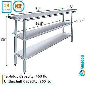 72" Long X 18" Deep Stainless Steel Work Table with 2 Shelves | Metal Food Prep Station | Commercial & Residential NSF Utility Table