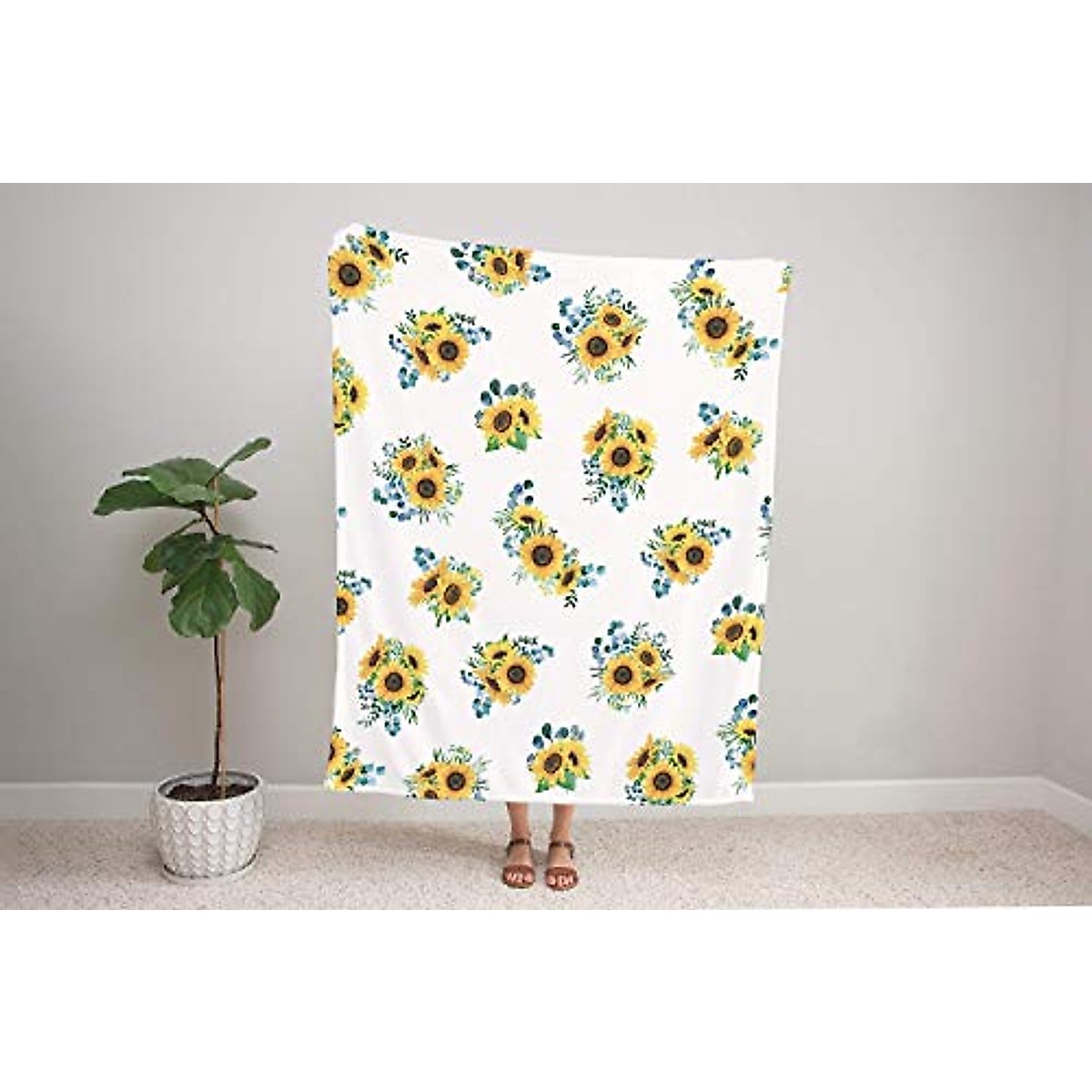 Sunflower Blanket Throw by Little Hill Home - Sunflower Throw Blanket with Greenery - 60"x60" Sunflower Throw Blankets - Super Soft Fleece Plush White Sunflower Blankets for Women Sunflower Gifts