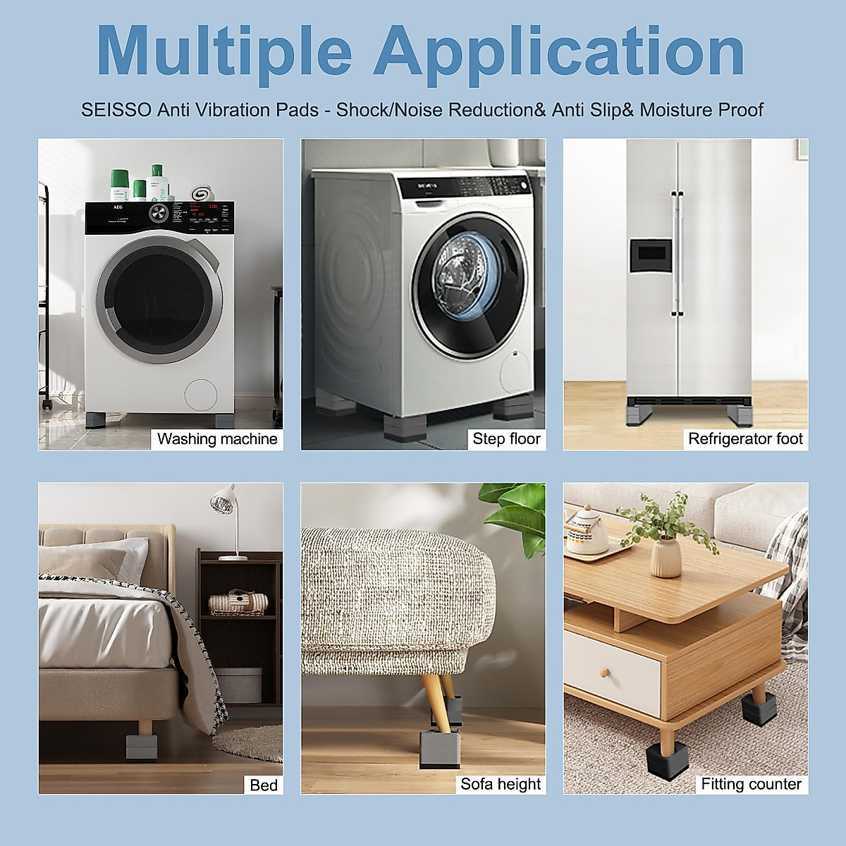 Anti Vibration Pads, SEISSO Washing Machine Foot Pad Stabilizer, Double Heighten Non Slip Shock and Noise Cancelling Support Mat, Stops Washer Dryer Moving Shaking Walking Skidding Protects Floor